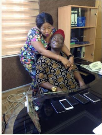 Mr Ibu and Sexy Actress, Chioma Toplis Get Flirty on Movie Set (Photos)