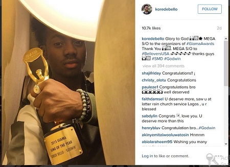 Korede Bello Bags Song of the Year Award (Photos)