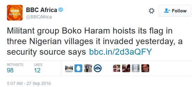 Just In: Boko Haram Hoists Flag in Three Villages Near Chibok, Bornu State