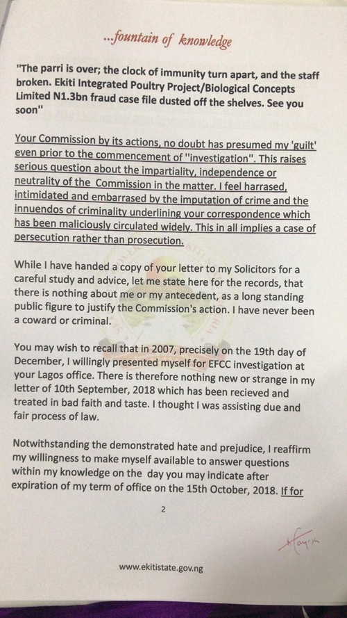 Meet Me In My Office September 20 - Gov. Fayose Writes EFCC Again (Full ...