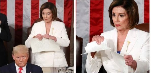 Nancy Pelosi Rips off Trump Speech Right Behind Him (Video)