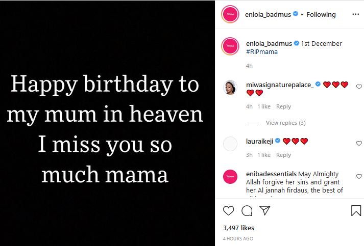 Actress Eniola Badmus Celebrates Mother’s Posthumous Birthday