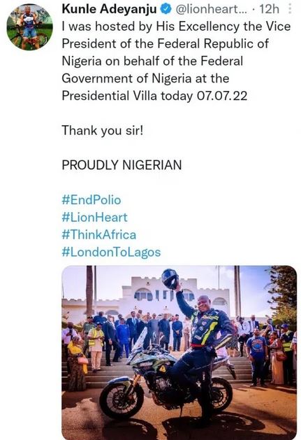 VP Osibanjo Receives London To Lagos Biker, Kunle Adeyanju At The ...