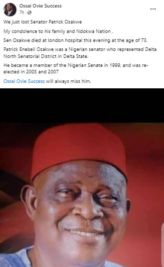 Senator Patrick Osakwe Dies At 73