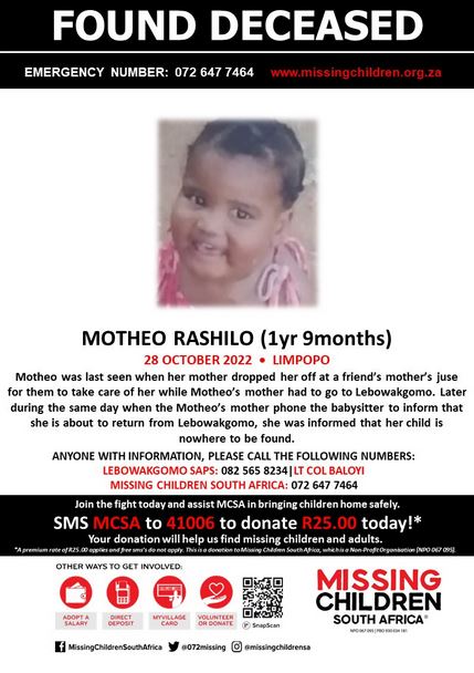 Body Of Missing South African Toddler Found In Bushes