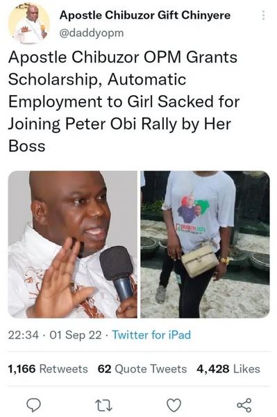 Apostle Chibuzor Grants Scholarship To Lady Sacked By Her Employer For Joining Peter Obi’s Rally