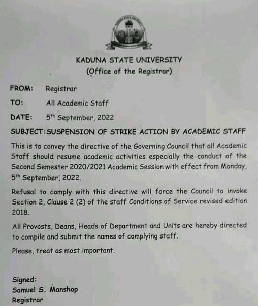 ASUU Strike: Kaduna Varsity Orders Lecturers To Resume Work Or Face Sanctions
