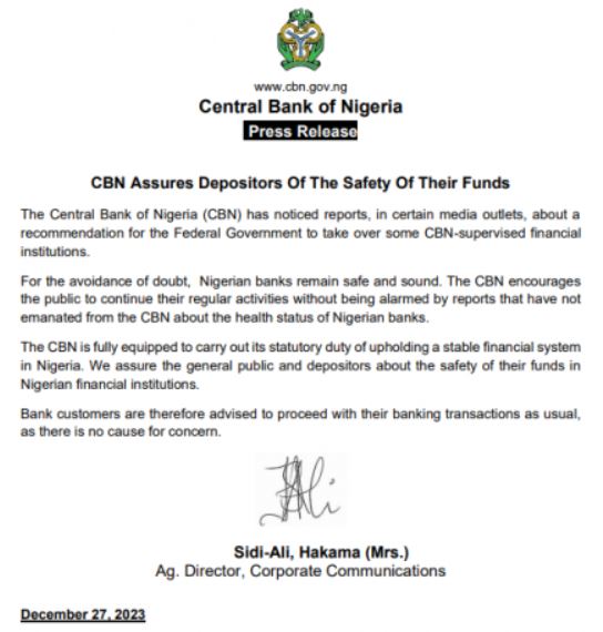Your Money Is Safe In Banks, CBN Assures Nigerians