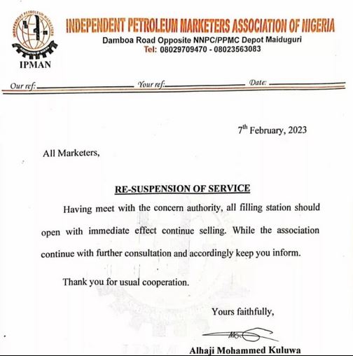IPMAN Calls Off Suspension Of Service, Directs Members To Resume Petrol ...