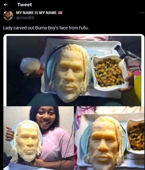 Talented Lady Recreates Burna Boy’s Face With ‘Fufu’