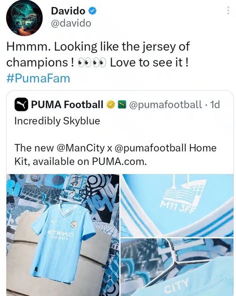 PUMA Sends Its Private Jet To Fly Davido To England For Manchester City ...