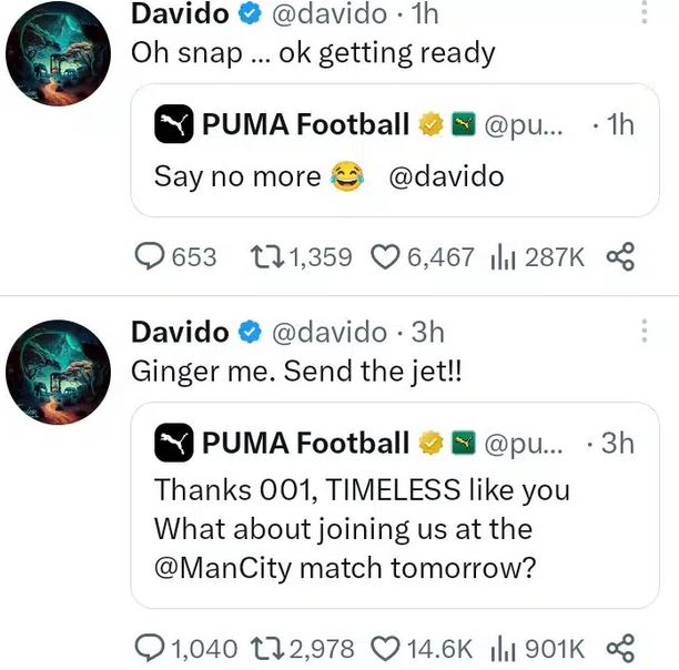 PUMA Sends Its Private Jet To Fly Davido To England For Manchester City ...