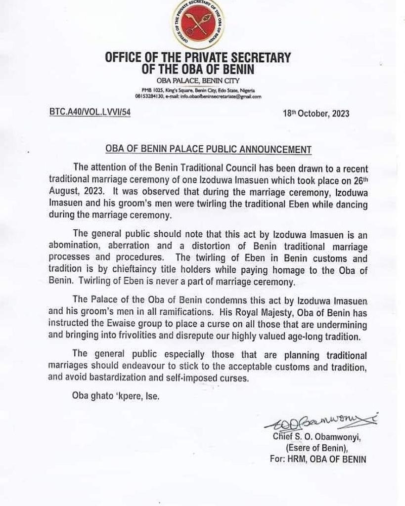 Groom Apologizes After Oba Of Benin Slammed Him And His Groomsmen For ...