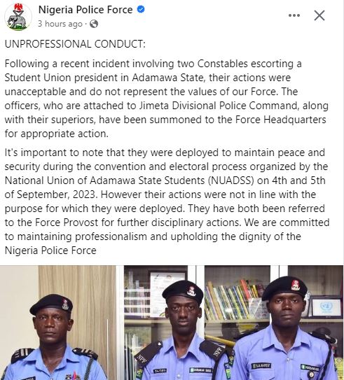 Update: Police Officers Filmed Escorting Adamawa Student Union President Summoned To Abuja