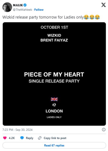 Wizkid Announces Ladies Only Party To Celebrate New Single