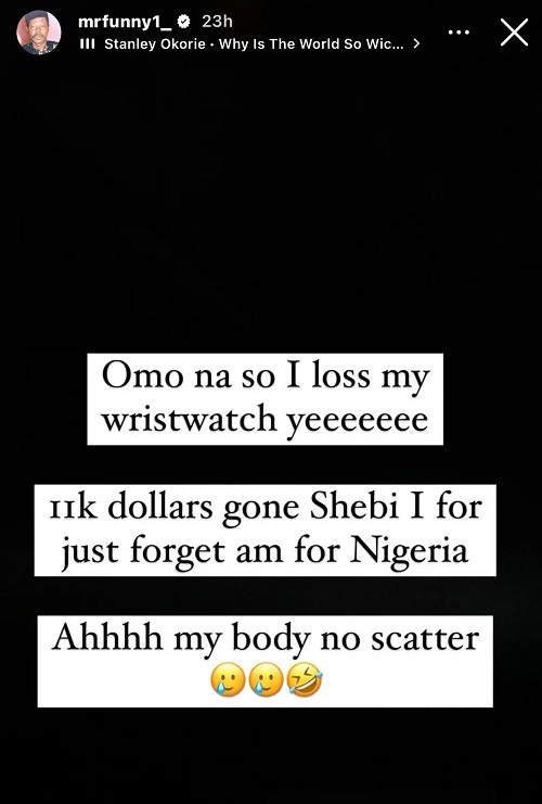 Sabinus Cries Out After Losing His $11K Wristwatch in Uganda