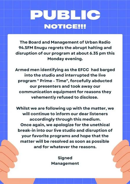 EFCC Operatives Invade Enugu Radio Station, Arrest Presenter During ...