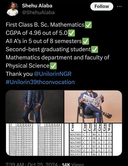 Man Bags First-class Degree With 4.96 CGPA in Mathematics From Unilorin ...