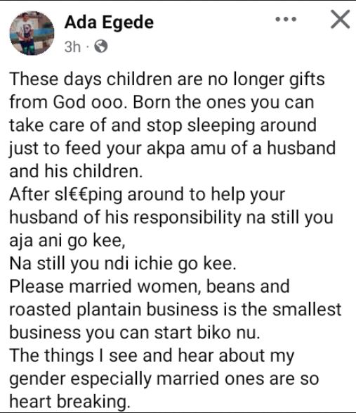 Stop Sleeping Around To Feed Your Jobless Husbands - Nigerian Woman Advises Married Women