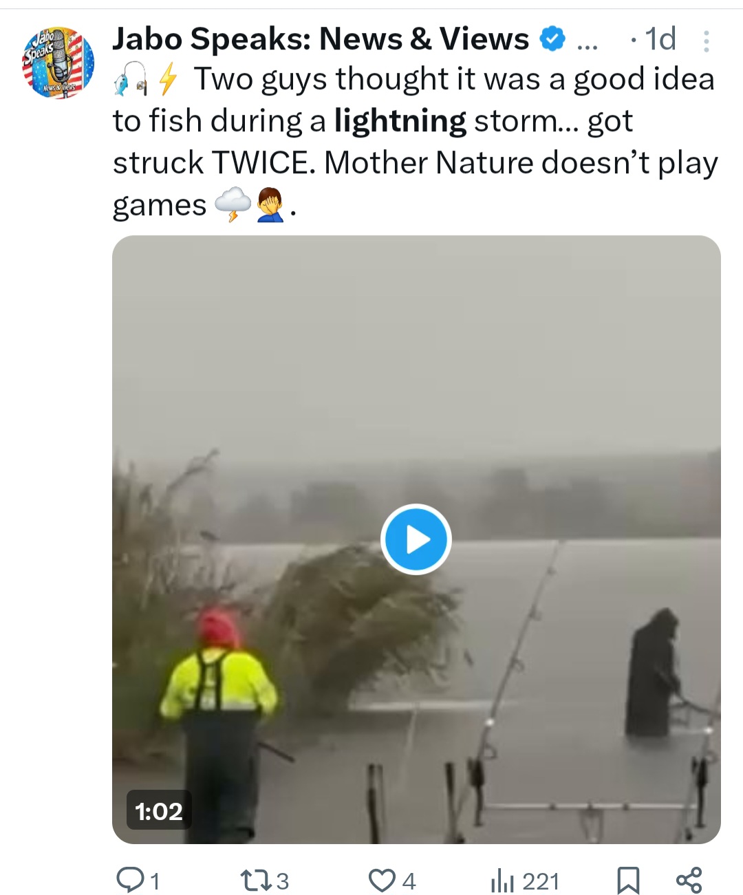 Moment Fisherman Survives After Being Struck By Lightning Twice (Video)