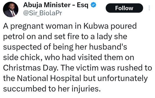 Pregnant Woman Sets Husband's Female Friend Ablaze In Abuja After ...
