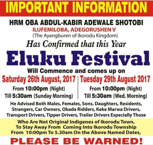 Eluku Festival: Non-indigenes of Ikorodu in Lagos Warned to Stay-off ...