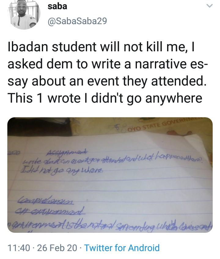 Hillarious! See The Funny Essay An Ibadan Student Wrote